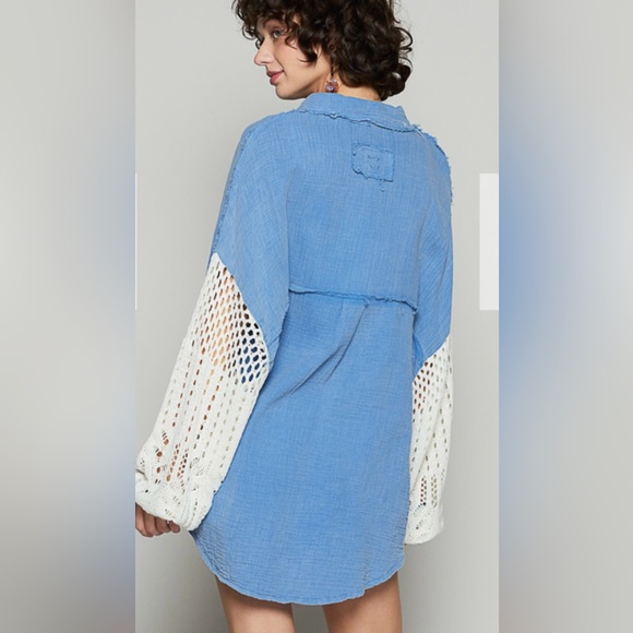 POL | Tops | New Pol Blue Buttonup Shirt With White Crochet Sleeves ...